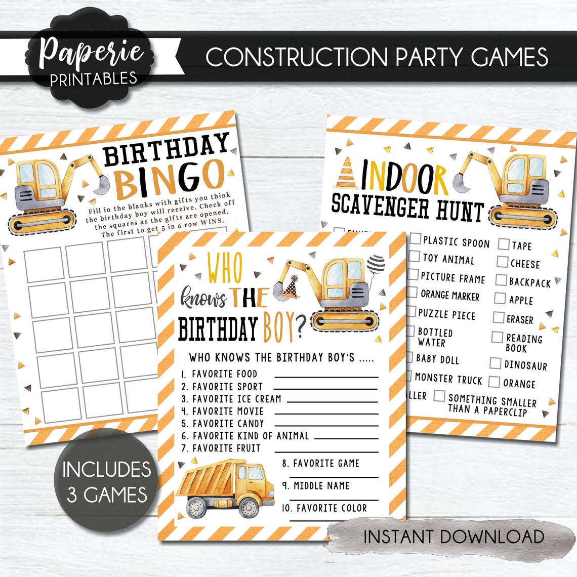 Construction Birthday Party Games - Construction Bingo - Scavenger Hunt ...
