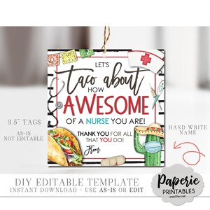 EDITABLE Taco Bout Nurse Tags, Nurse Appreciation Tags, Taco Nurse ...