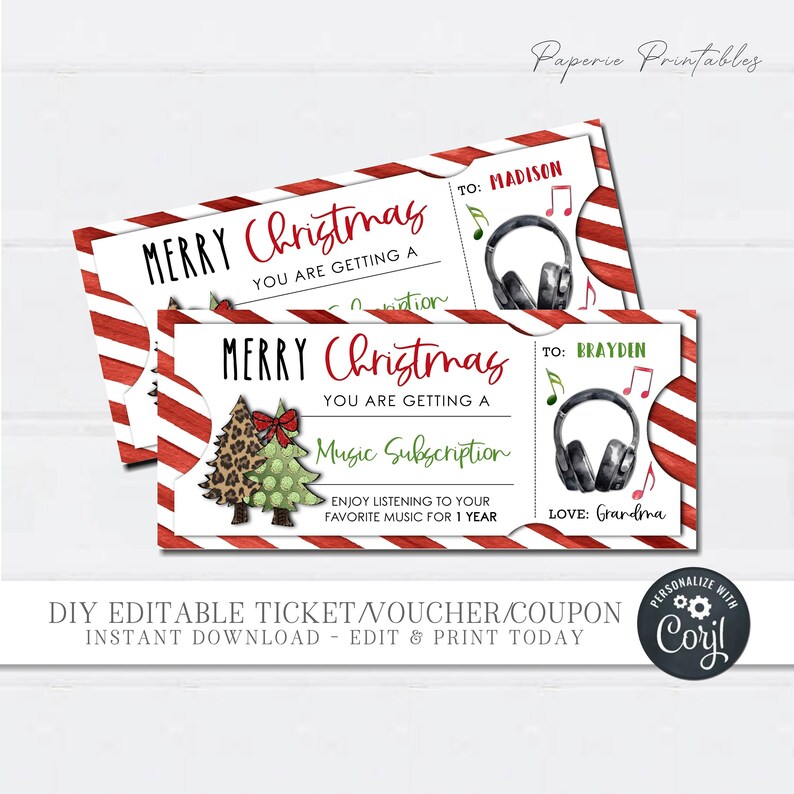 Editable Christmas Music Subscription Ticket: Printable Gift Voucher ...