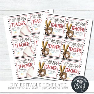 Baseball Teacher Appreciation Gift Tag: Editable All Star Design (DIY ...