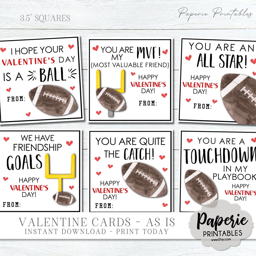 Football Valentine Cards for Kids: Printable School Valentines (instant ...