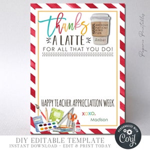 EDITABLE Teacher Appreciation Coffee Gift Card Holder, Thanks a LATTE ...