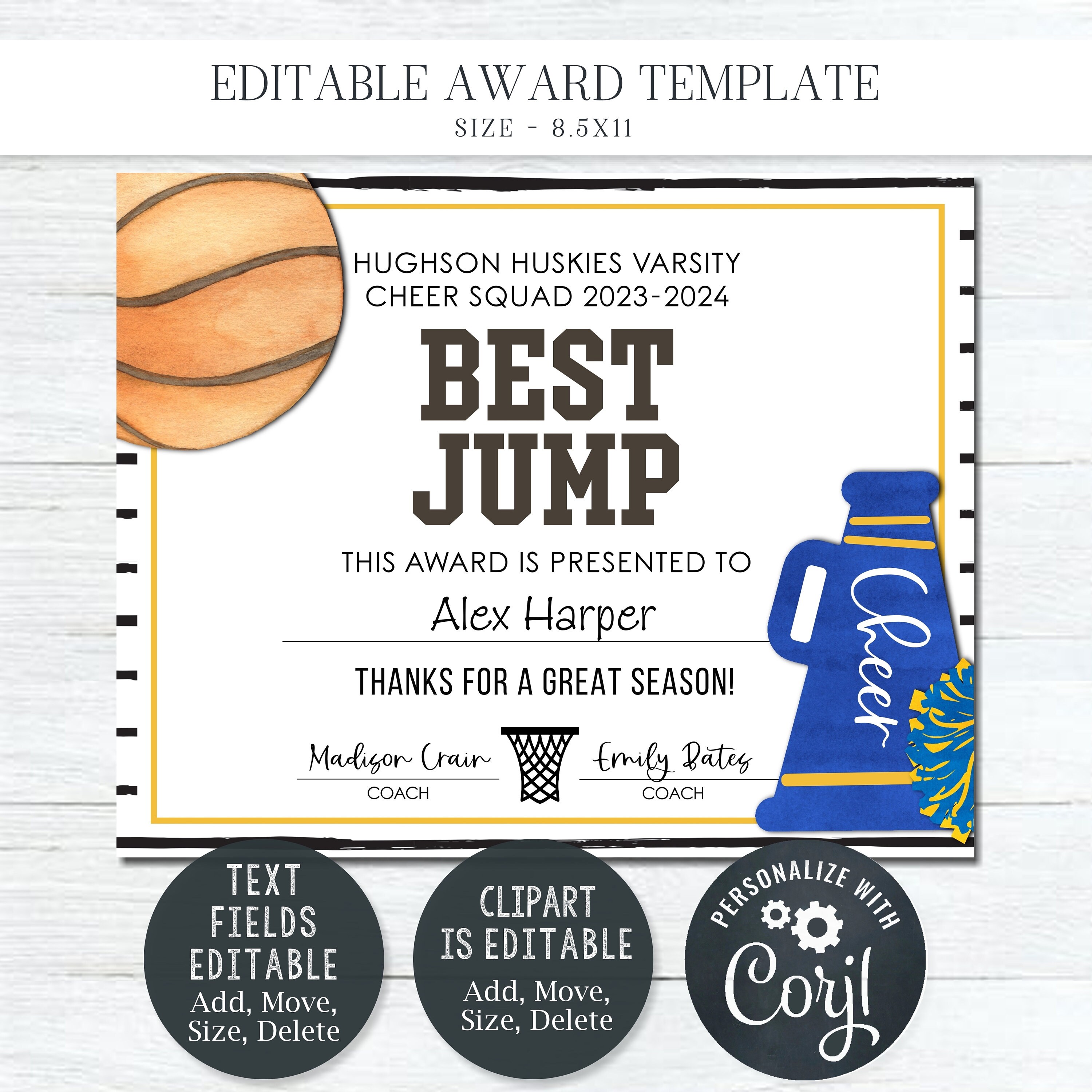 Editable Cheerleading Award Certificate: Blue & Yellow Team (DIY Corjl ...