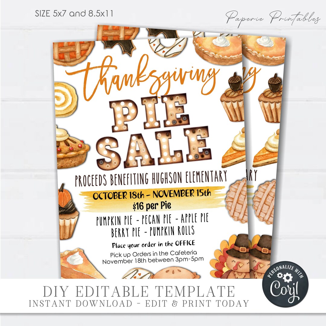 EDITABLE Thanksgiving Pie Sale Flyer, Thanksgiving Pie Fundraising ...