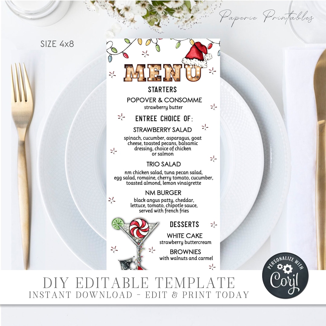 Editable Christmas Party Menu Template: Holiday Cocktail Design (DIY ...