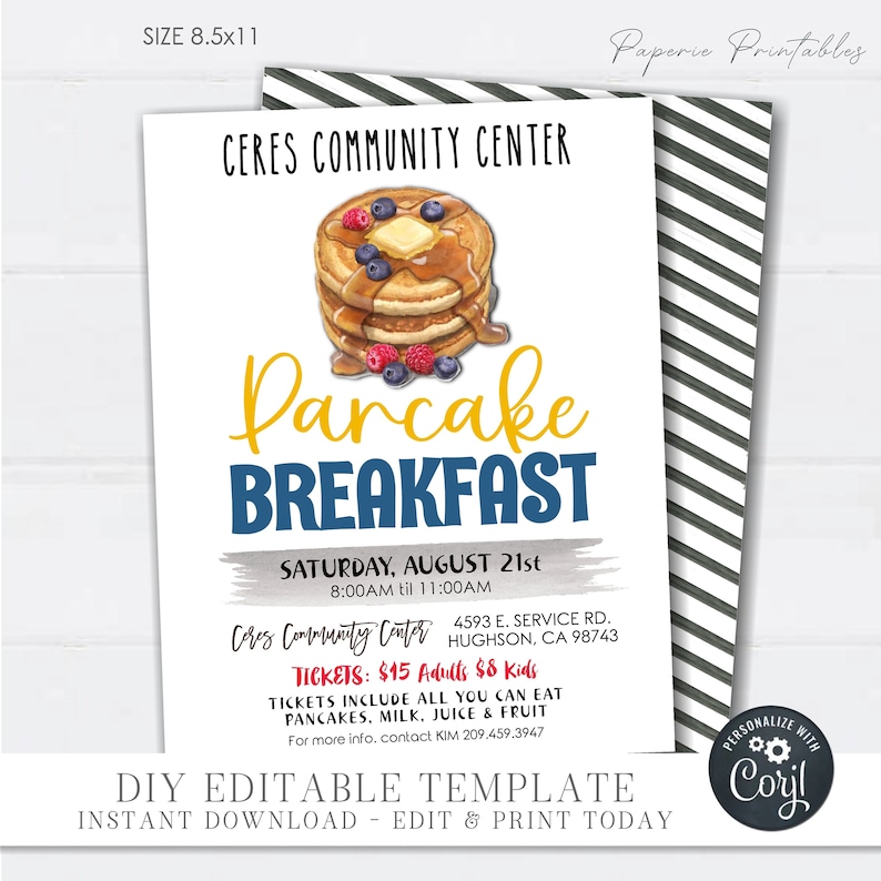 EDITABLE Pancake Breakfast Fundraiser Pancake Breakfast Flyer - Etsy