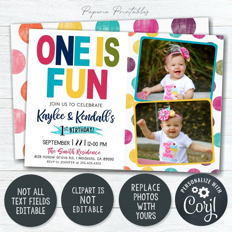 EDITABLE Twin Girls One is Fun Birthday Invitation Girl | Etsy