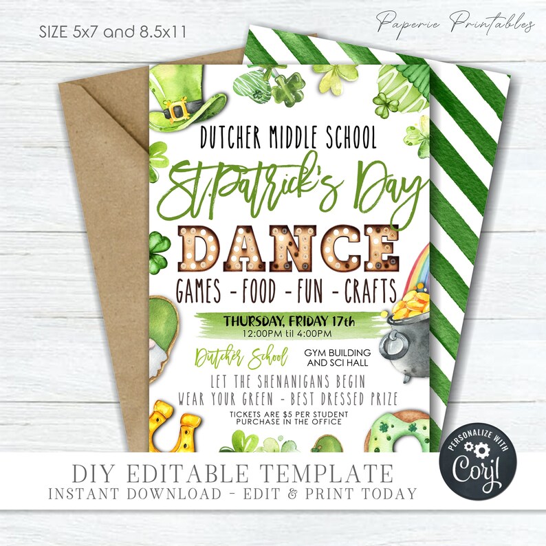 Editable St. Patrick's Day School Dance Flyer (DIY With Corjl) - Etsy