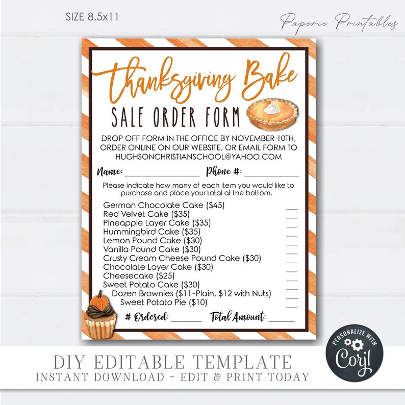EDITABLE Thanksgiving Bake Sale Order Form Pie Sale Order - Etsy