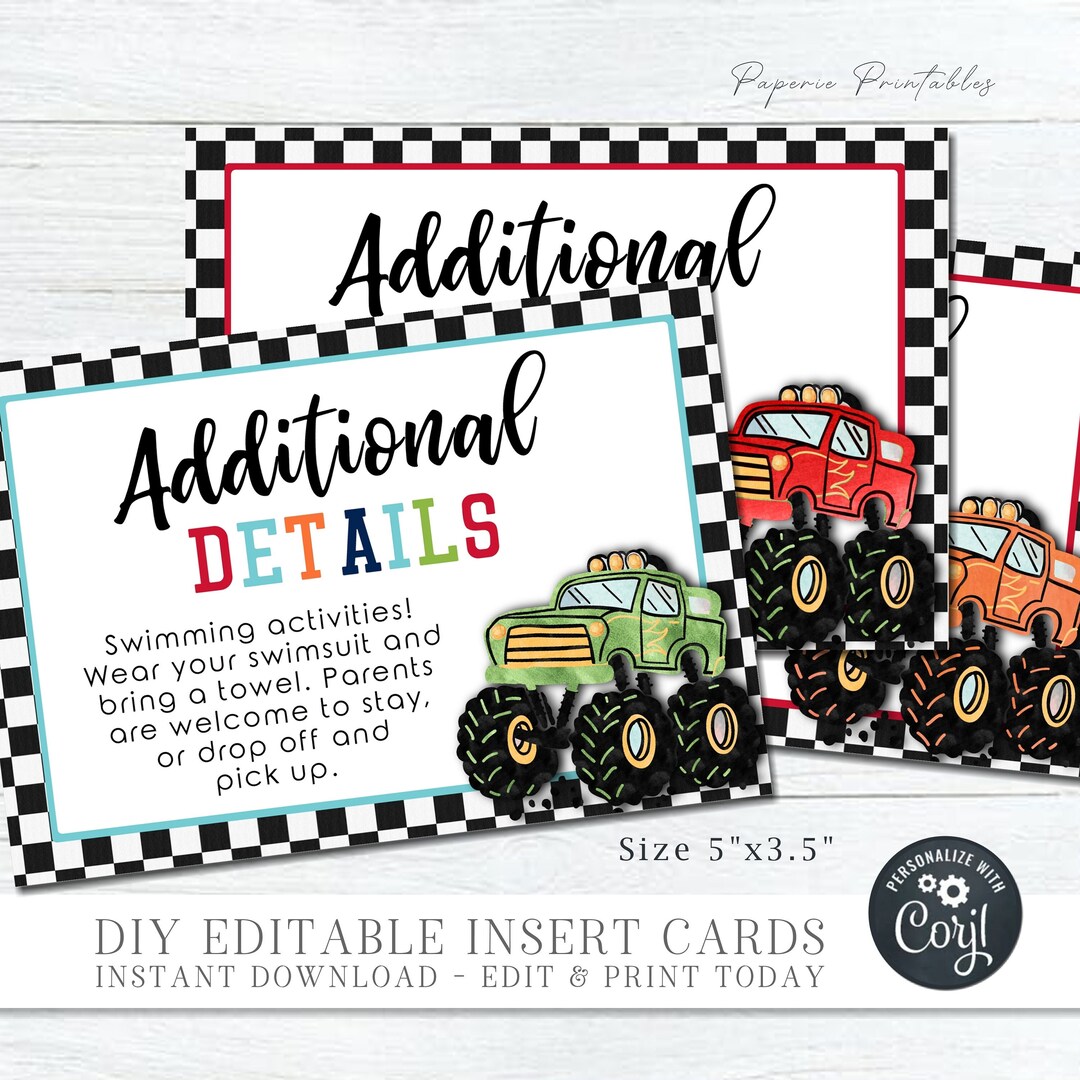 Editable Monster Truck Birthday Insert Cards: Party Details (DIY Corjl ...