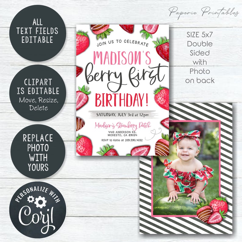 EDITABLE Berry First Birthday Invitation Strawberry First - Etsy