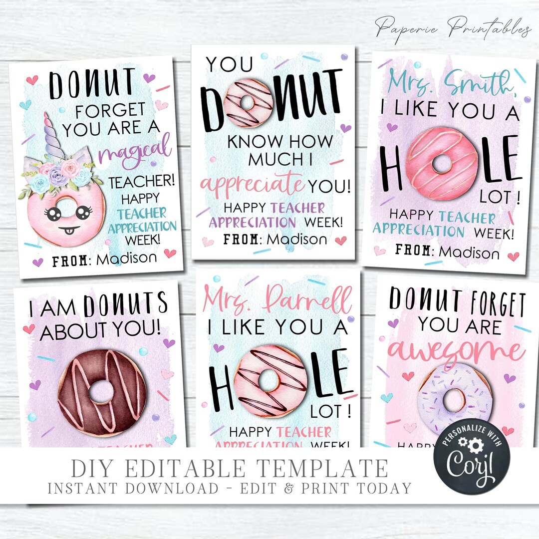 EDITABLE Donut Teacher Appreciation Gift Tag, Teacher Appreciation Card ...