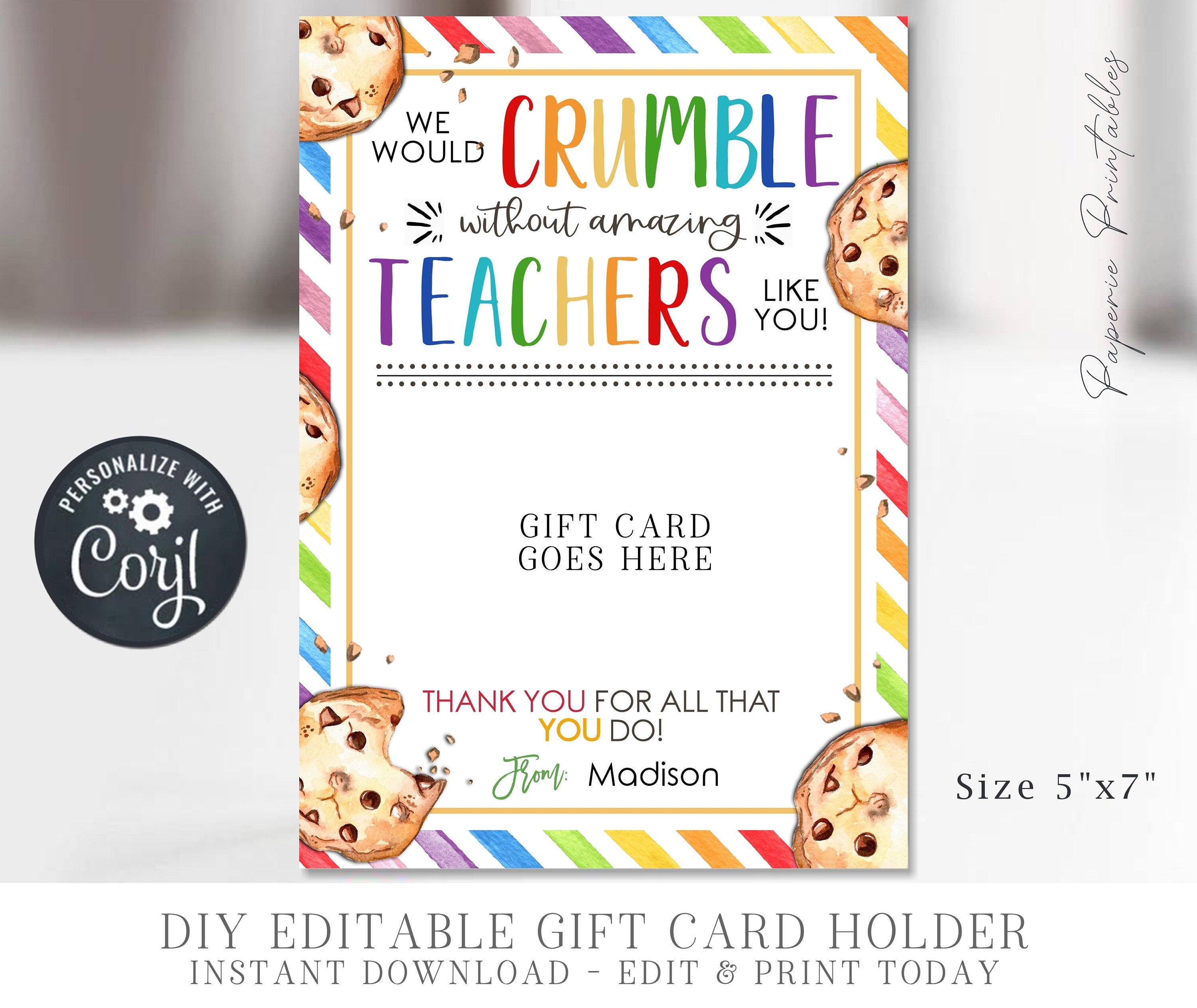Editable Cookie Teacher Appreciation Gift Card Holder (DIY Digital ...