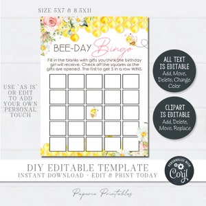 EDITABLE Bee Birthday Bingo, Bumble Bee Bingo Cards, Bee-day Party Game ...