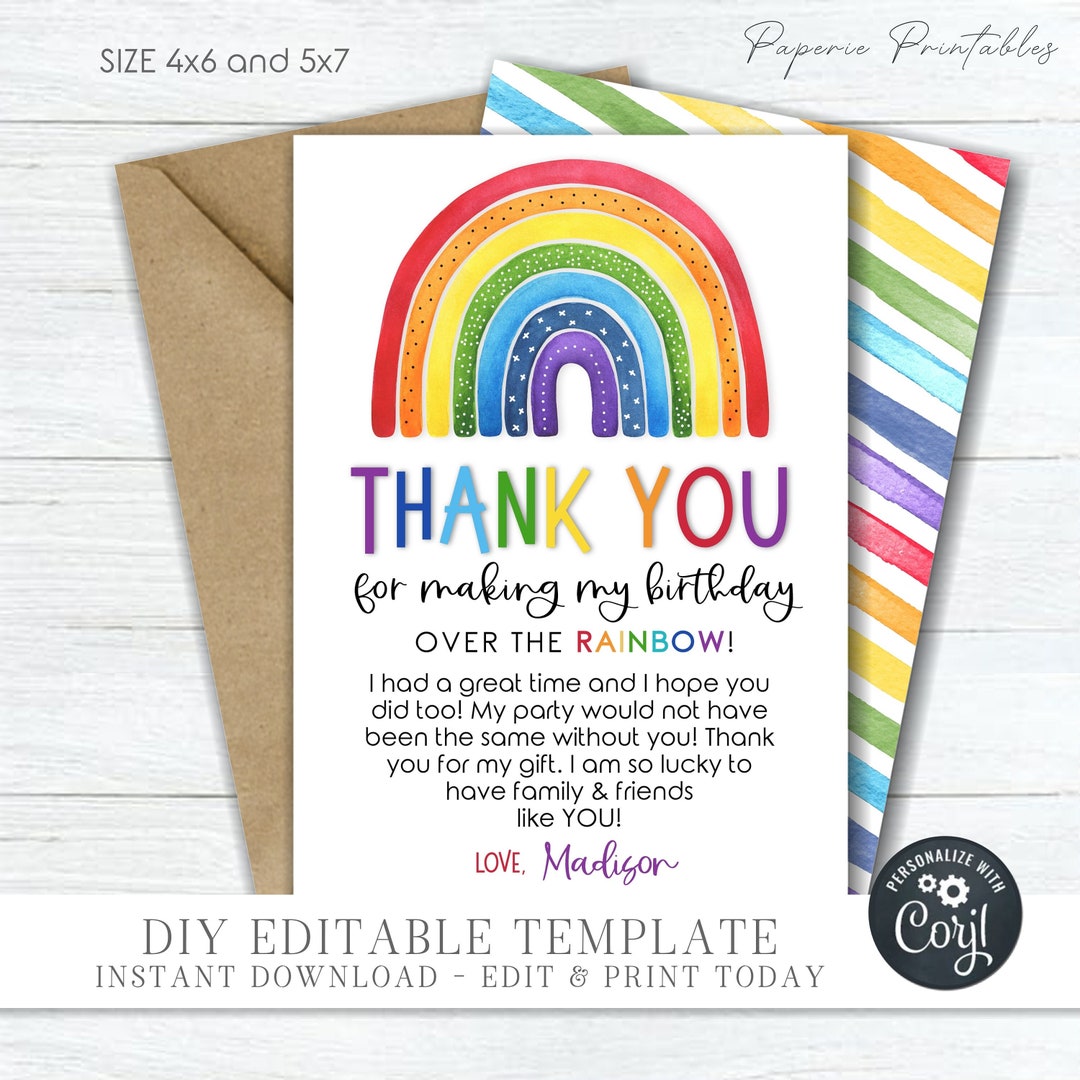 EDITABLE Rainbow Birthday Party Thank You Card, Birthday Thank You Card ...