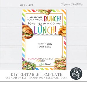 Teacher Appreciation Lunch Gift Card Holder: Editable DIY Printable ...