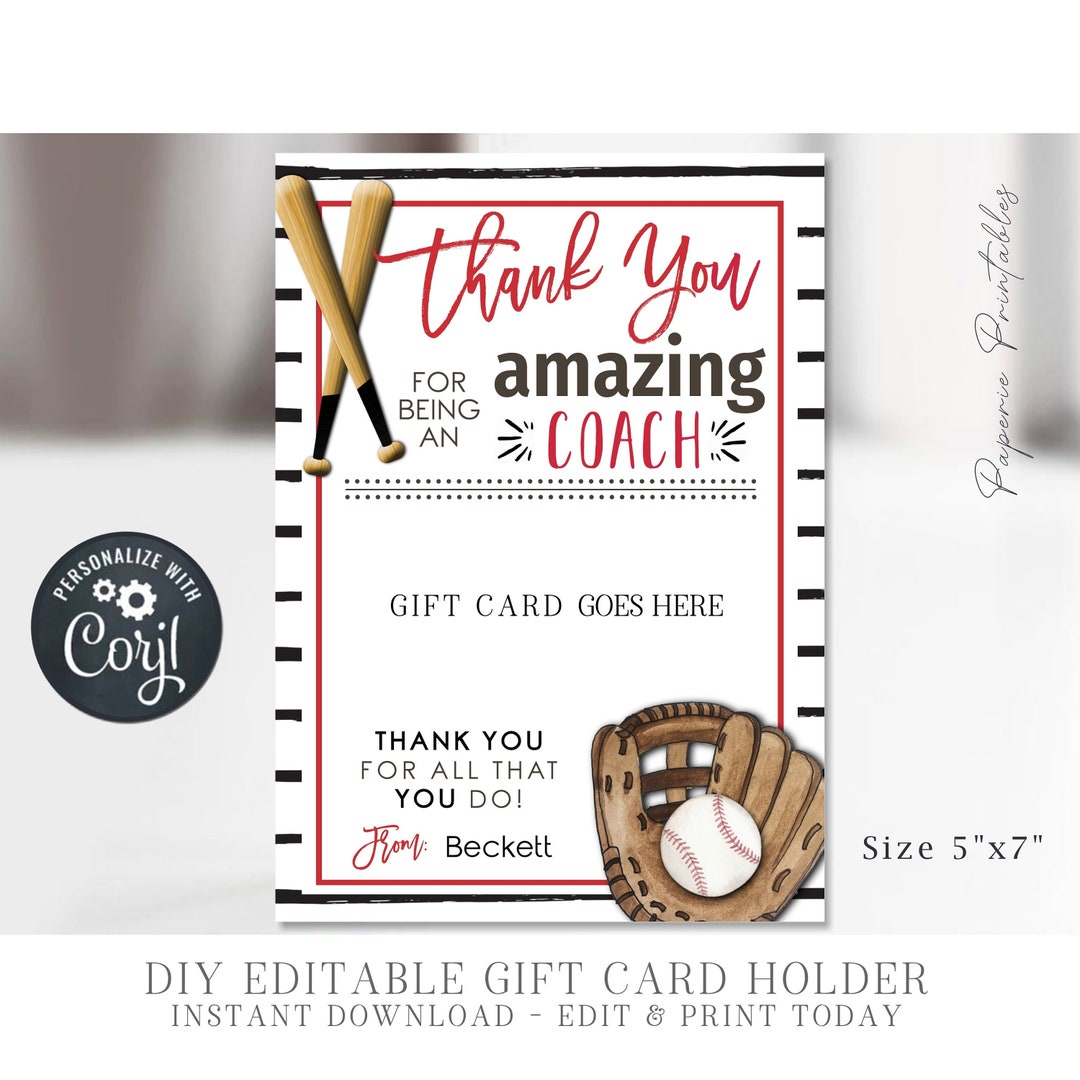 Baseball Coach Gift Card Holder: Editable Appreciation Card (DIY Corjl ...