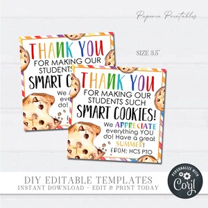 EDITABLE End of School Cookie Teacher Gift Tag, Thank You Teacher ...