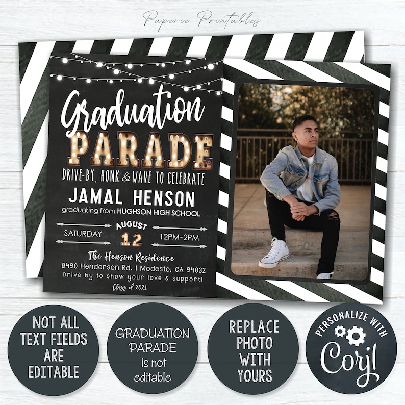 Editable Graduation Parade Invitation: Photo Option (DIY Corjl Template ...