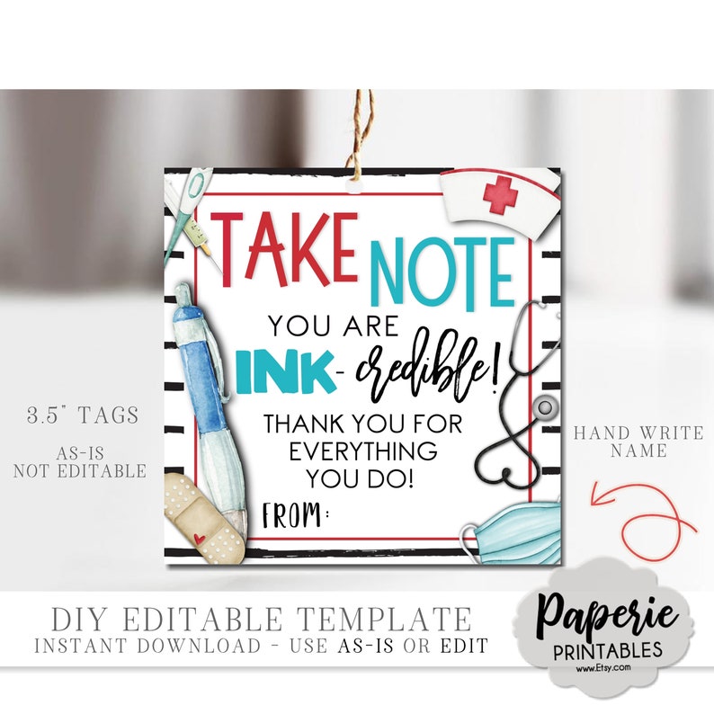 Editable Nurse Appreciation Gift Tag: Ink-credible Thank You (DIY Corjl ...