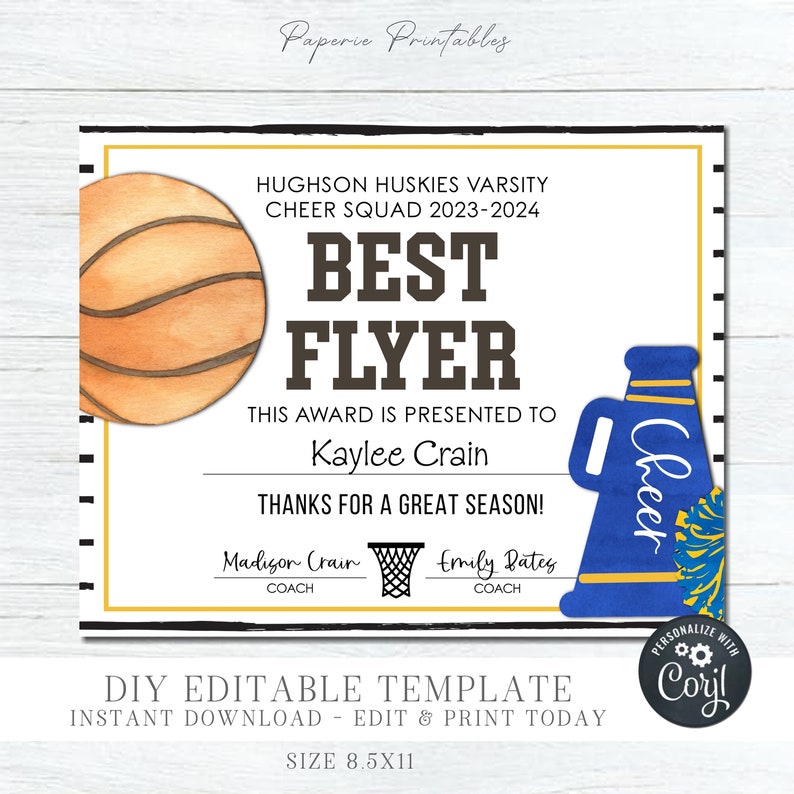 Editable Cheerleading Award Certificate: Blue & Yellow Team (DIY Corjl ...