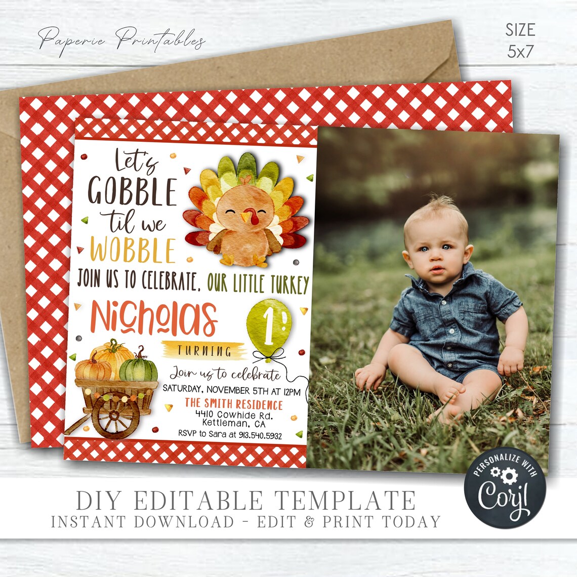 EDITABLE Gobble Til We Wobble Birthday Invitation - Etsy