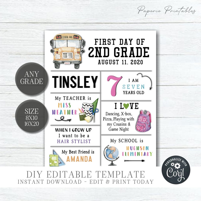 EDITABLE Girl First Day of School Sign Back to School Sign | Etsy