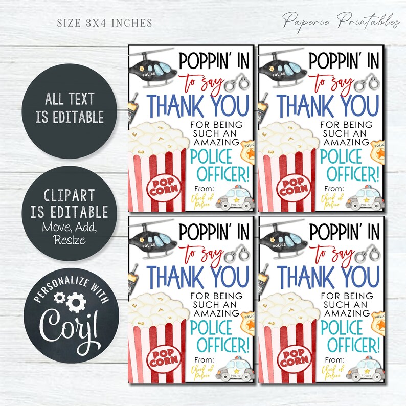 Editable Popcorn Police Appreciation Gift Tags (DIY Corjl, Digital ...