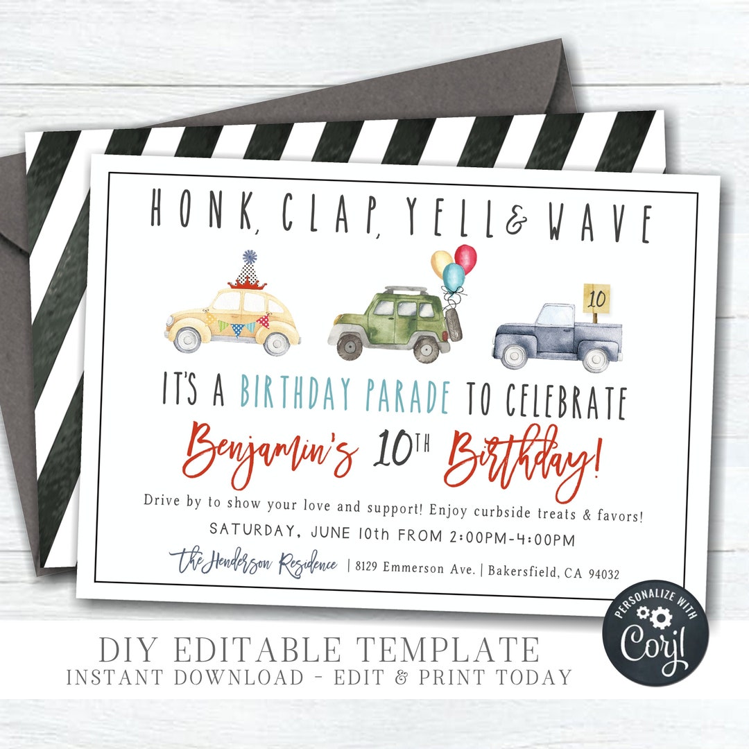 EDITABLE Boy Drive by Birthday Parade Invitation DIY Birthday Template ...
