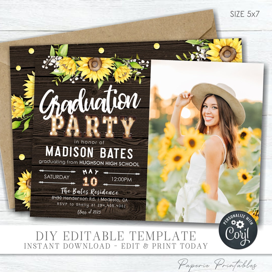 Editable Sunflower Graduation Party Template Sunflower Graduation