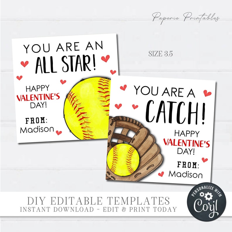EDITABLE Valentine Cards for Kids Softball Valentine Cards - Etsy