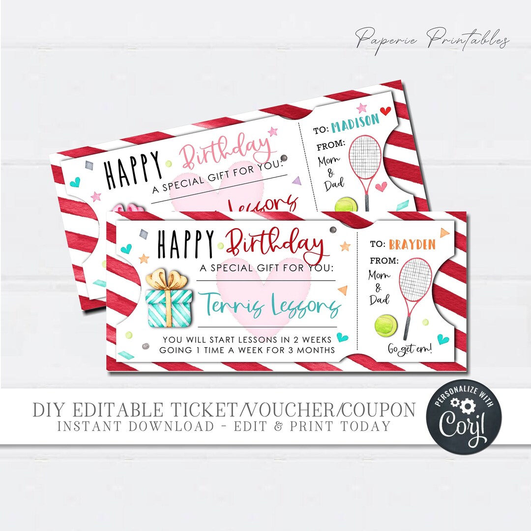 Editable Tennis Lessons Birthday Gift Ticket (digital Download) #BC05 ...