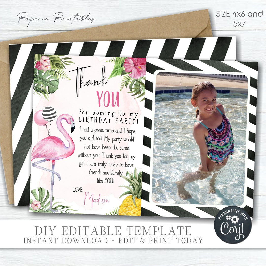 Flamingo Birthday Thank You Card: Tropical DIY (editable With Corjl) # ...