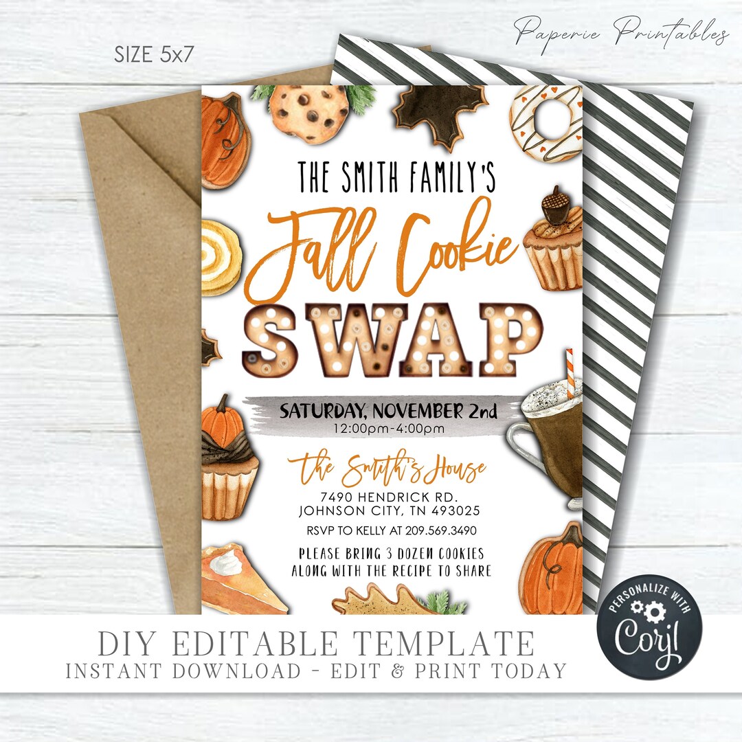 Editable Fall Cookie Swap Invitation: Autumn Thanksgiving Party (DIY ...