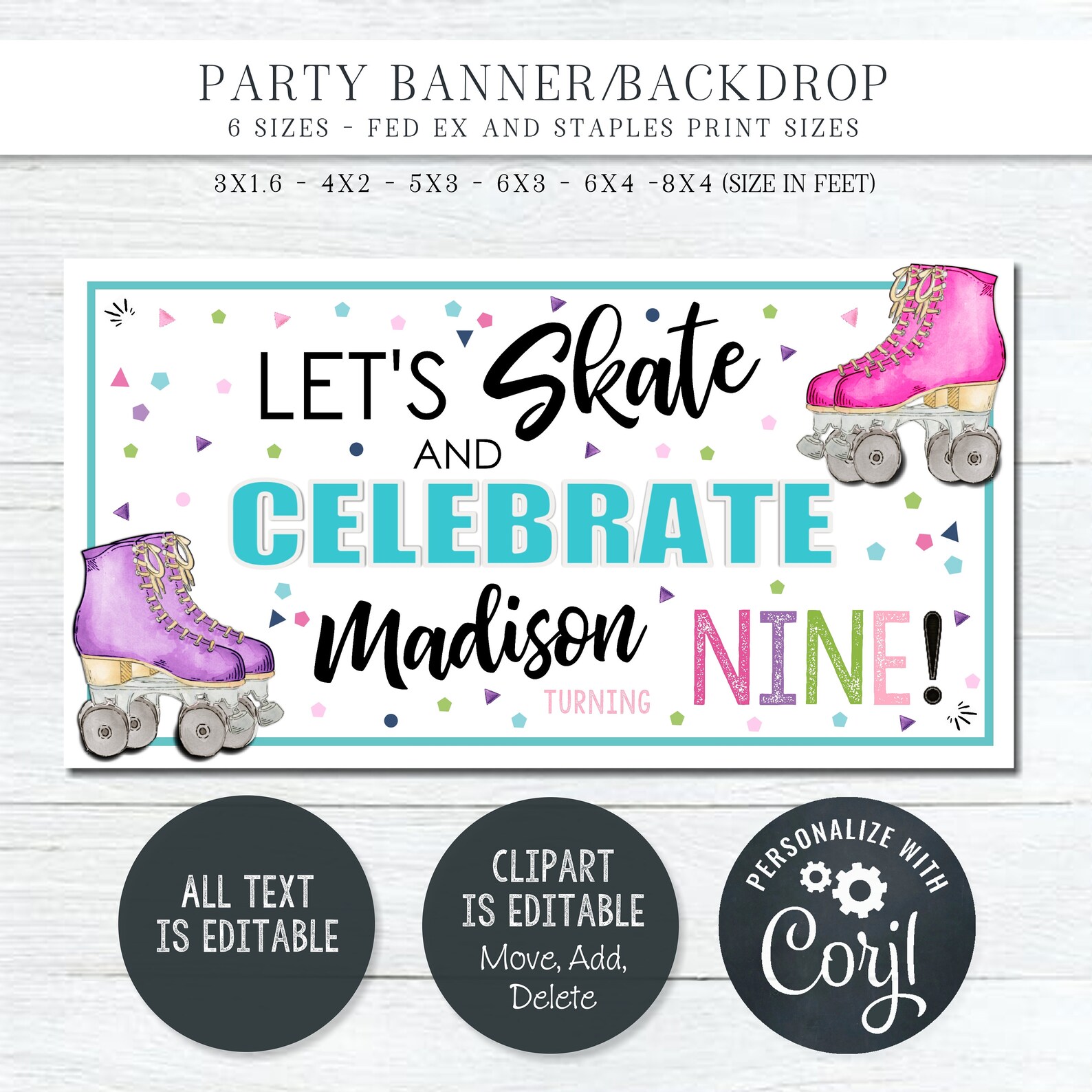 Roller Skating Birthday Backdrop: Editable Party Banner (digital ...