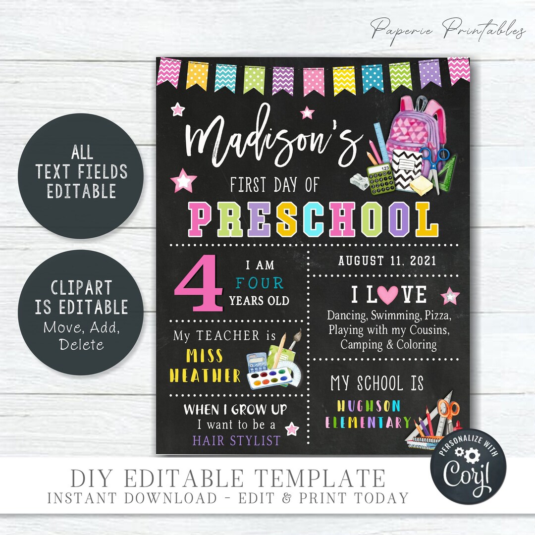 Editable First Day of School Sign: Photo Prop (digital Download) - Etsy