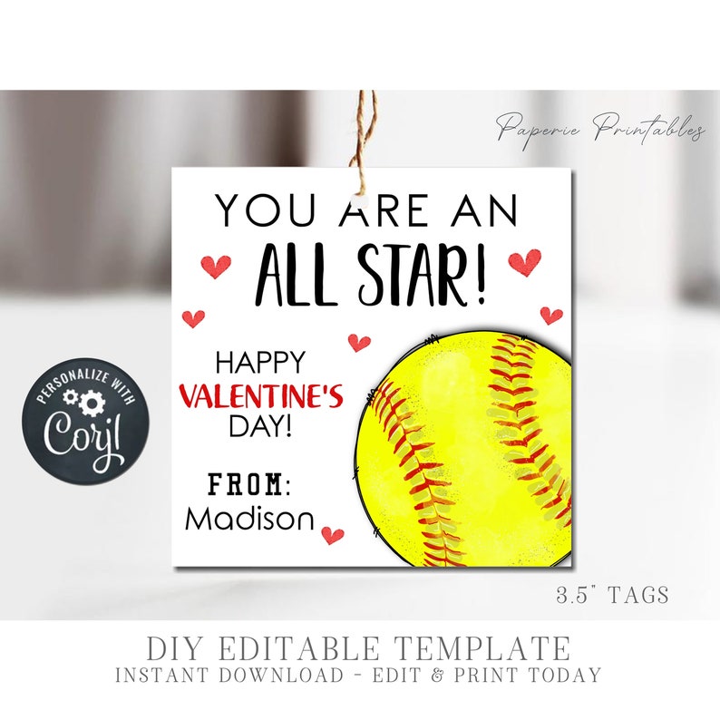 EDITABLE Valentine Cards for Kids Softball Valentine Cards - Etsy