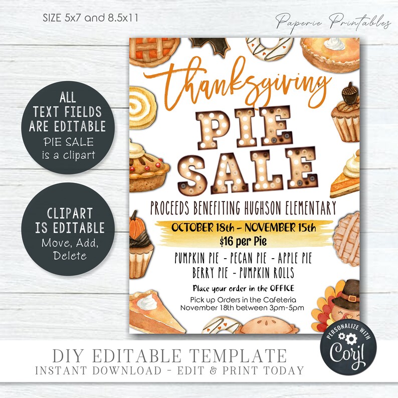 EDITABLE Thanksgiving Pie Sale Flyer, Thanksgiving Pie Fundraising ...
