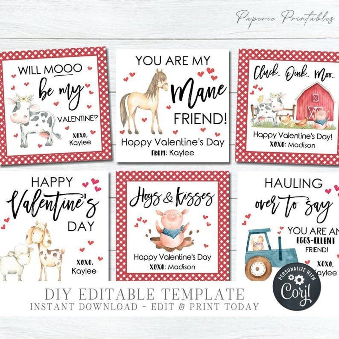 Farm Animals Valentine's Day Cards: DIY Editable Barnyard Tags (corjl ...