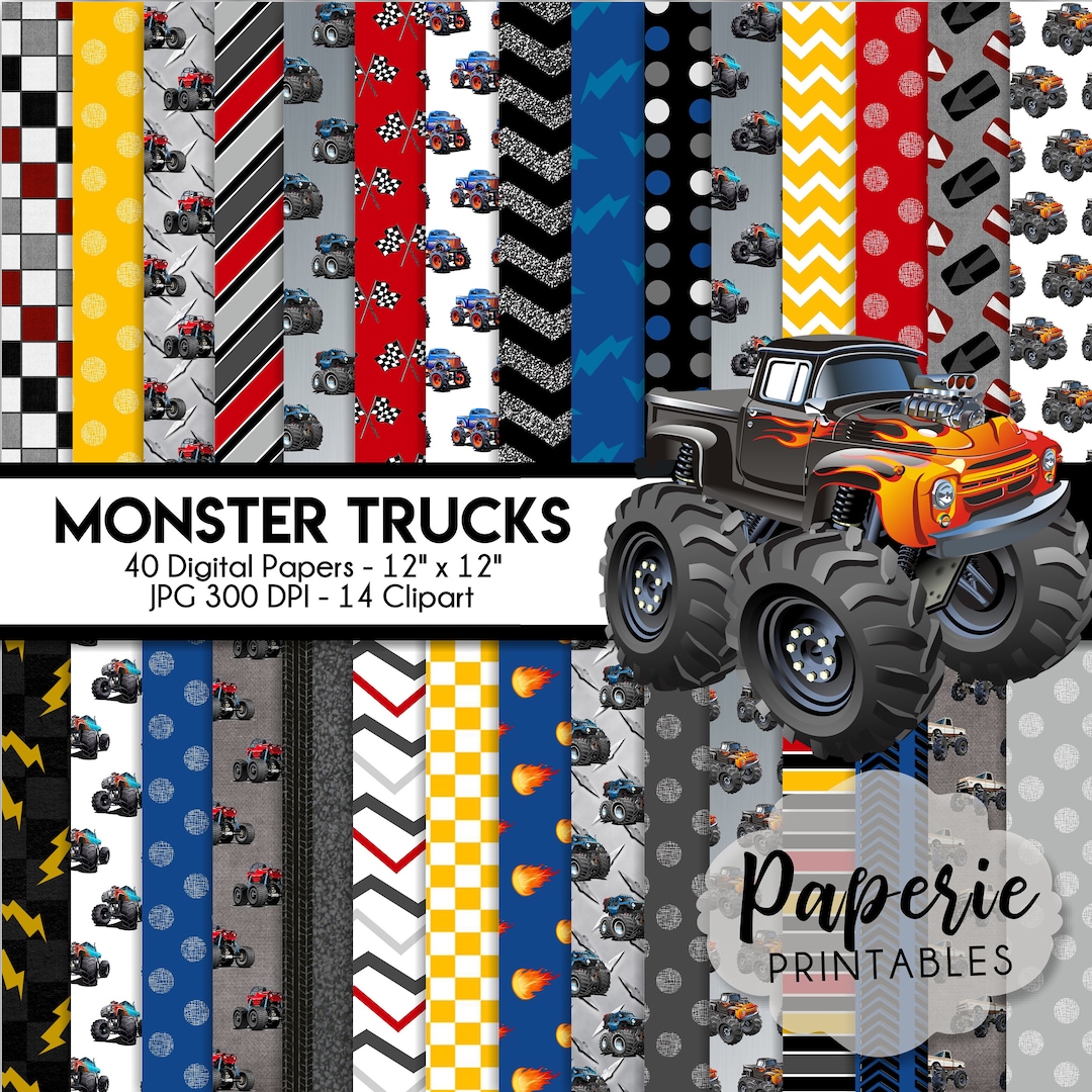 Monster Truck Digital Paper - 12x12 Digital Scrapbooking Paper - 40 ...