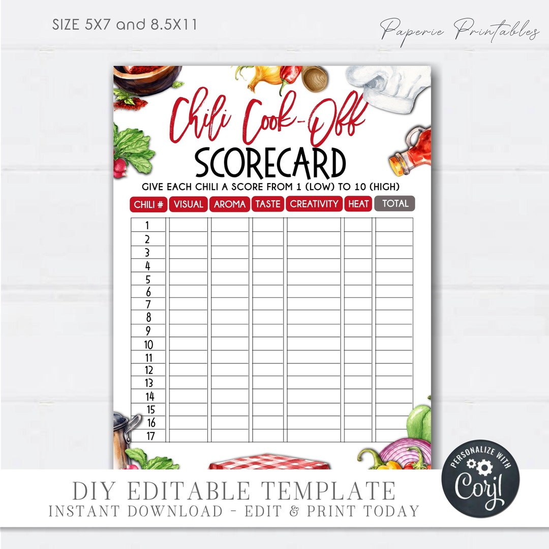 EDITABLE Chili Cook-off Scorecard, Chili Competition Scorecard, Chili ...