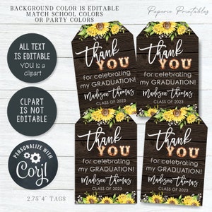 EDITABLE Graduation Gift Tags, Sunflower Graduation Tags, Graduation ...