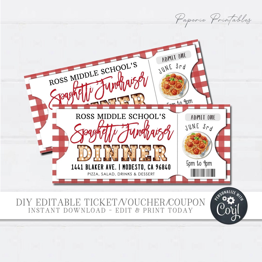 EDITABLE Spaghetti Dinner Fundraising Tickets, Spaghetti Dinner ...