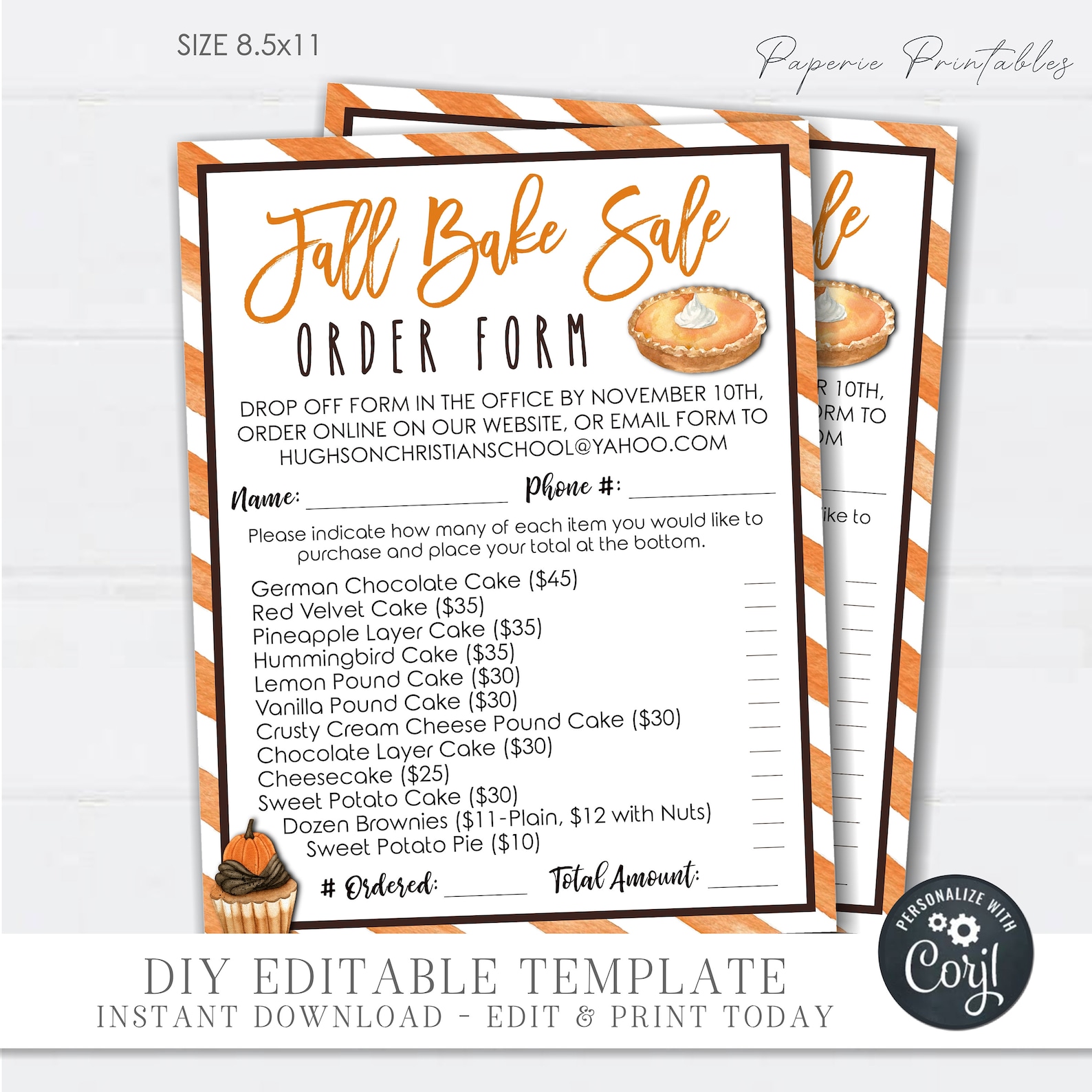 EDITABLE Thanksgiving Bake Sale Order Form Pie Sale Order - Etsy