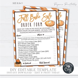 EDITABLE Thanksgiving Bake Sale Order Form, Pie Sale Order Form ...