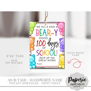 EDITABLE 100 Days of Schoo Gift Tag, Gummy Bear 100 Days of School Gift ...