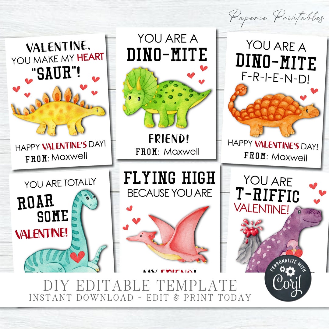 Editable Dinosaur Valentine's Day Cards: Kids School Tags (DIY Digital ...