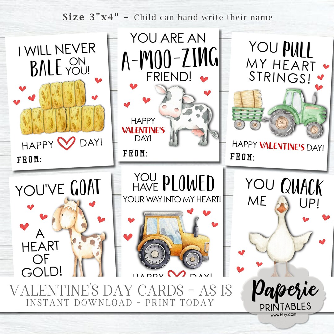 Farm Valentine Cards for Kids, Kids Valentine Cards, Farm Valentine ...