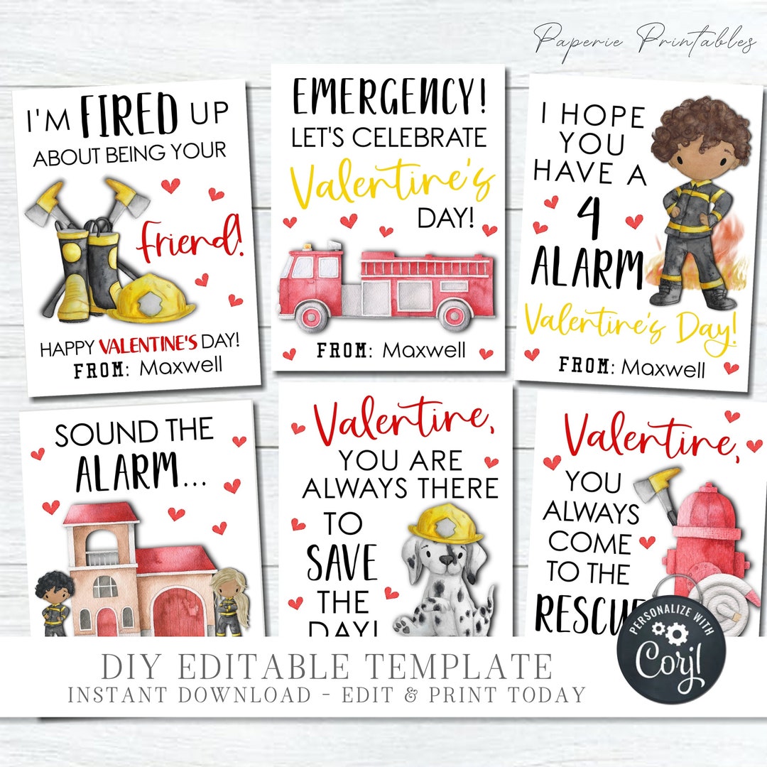 EDITABLE Fire Fighter Valentine Cards, Kid Valentine Cards, School ...