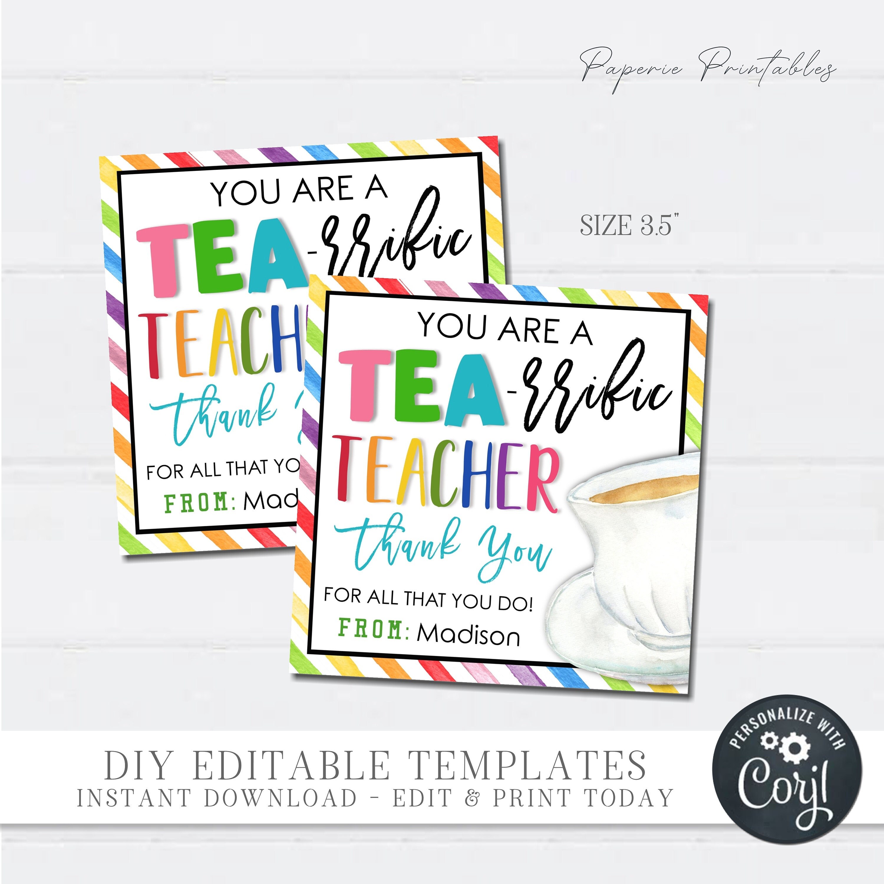 Editable Tea-riffic Teacher Appreciation Gift Tag (digital Download) # ...
